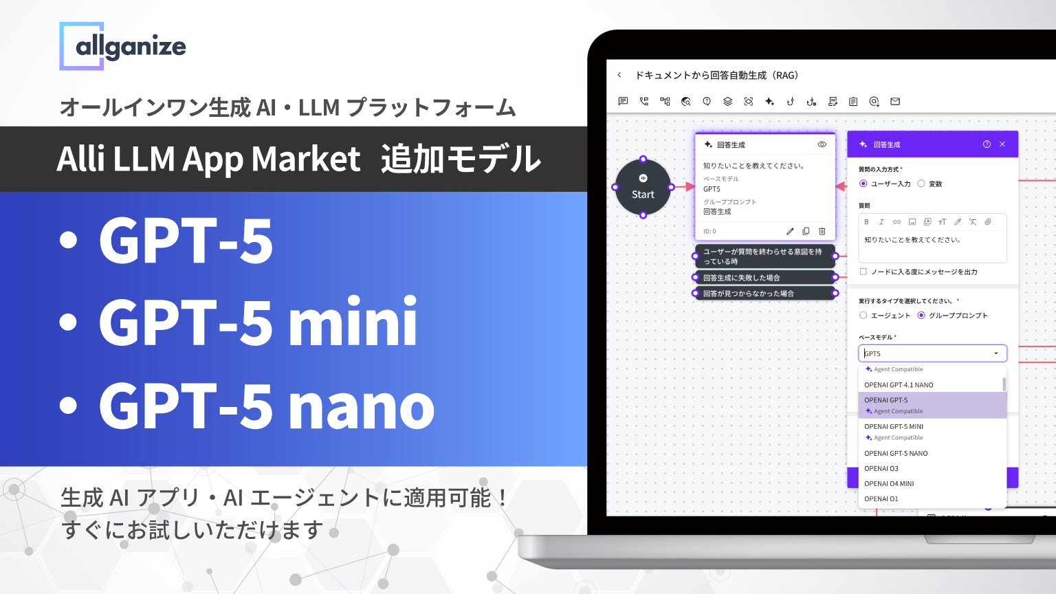 お知らせ Alli LLM App Marketにおいて、GPT-5、GPT-5 mini、GPT-5 nanoの各モデルを利用いただけます